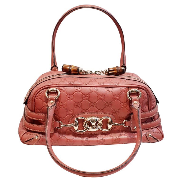 Gucci Pink Leather Bag With Bamboo Closure and big golden horsebit logo ...