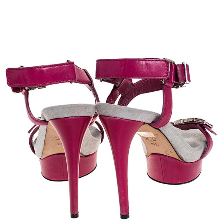 Gucci Pink Leather Buckle Detail Open Toe Platform Ankle Strap Sandals ...