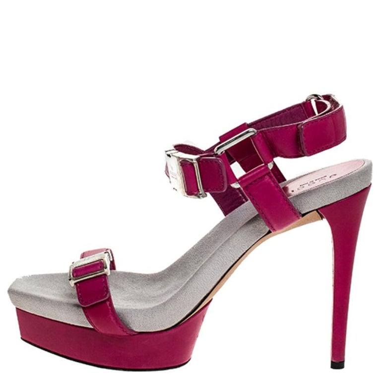 Gucci Pink Leather Buckle Detail Open Toe Platform Ankle Strap Sandals ...