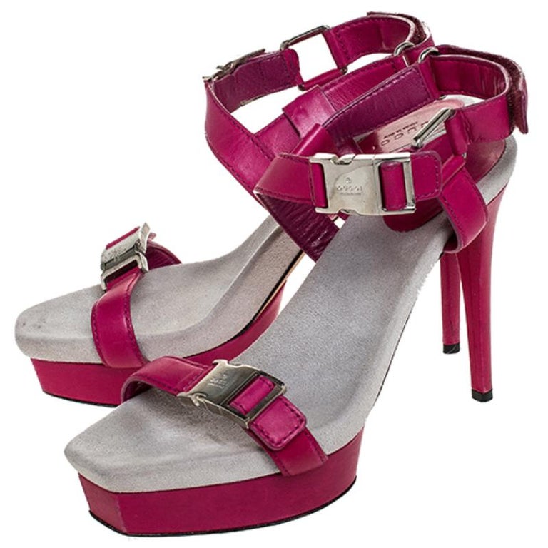 Gucci Pink Leather Buckle Detail Open Toe Platform Ankle Strap Sandals ...