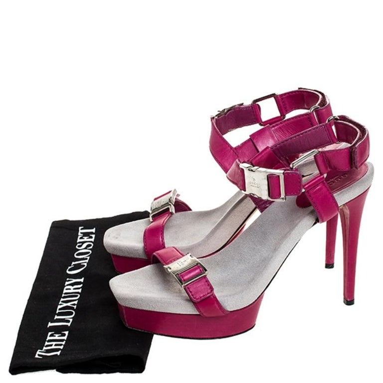 Gucci Pink Leather Buckle Detail Open Toe Platform Ankle Strap Sandals ...