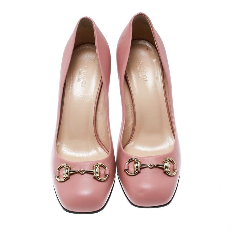 Gucci Pink Leather Horsebit Block Heel Pumps Size 37.5 For Sale at ...