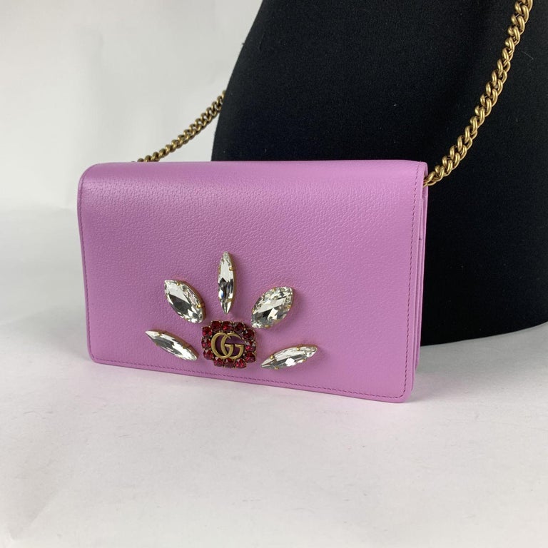 Gucci Pink Leather Mini Double G Crystals WOC Wallet on Chain For Sale ...