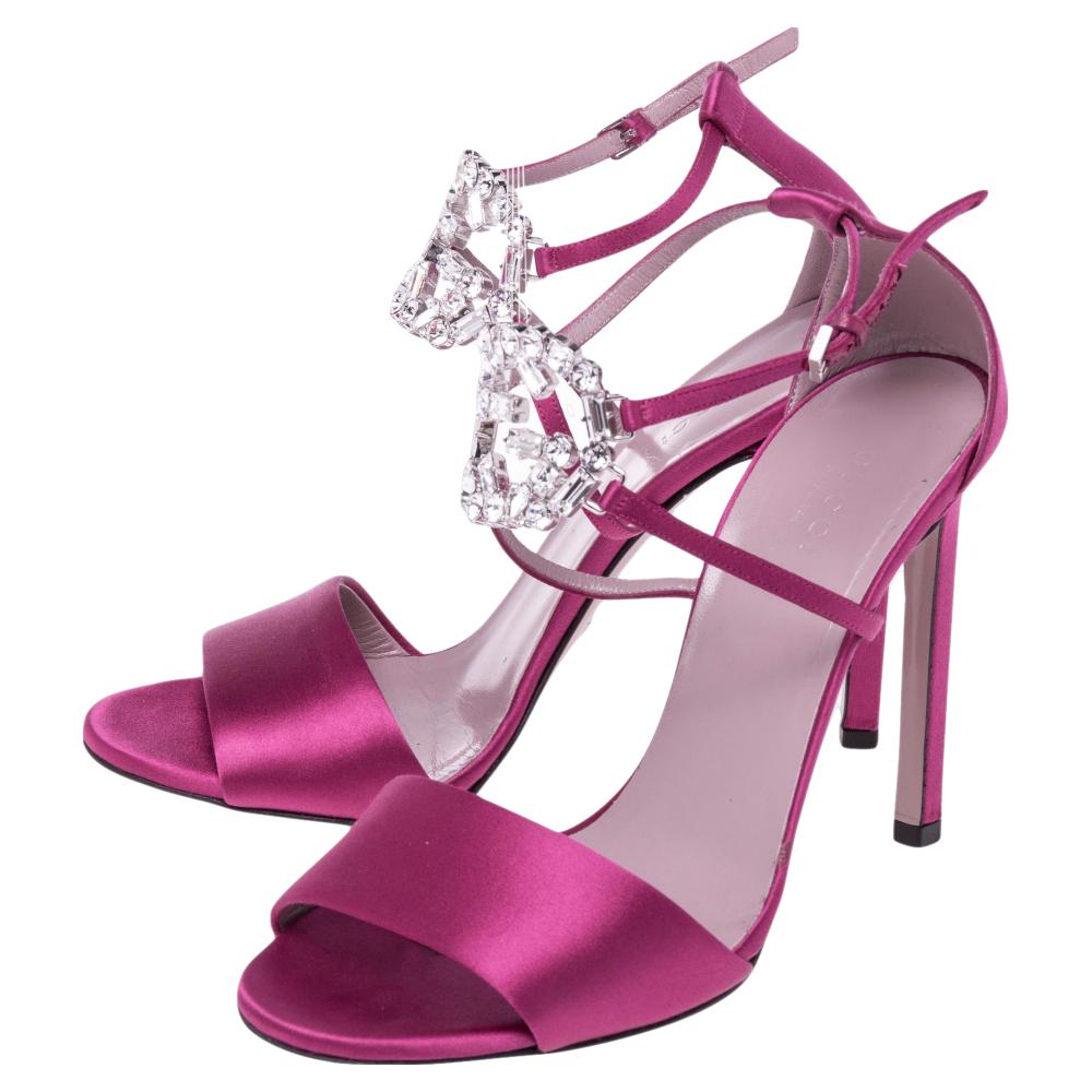 Gucci Pink Satin Crystal Embellished GG Interlocking Ankle Strap ...