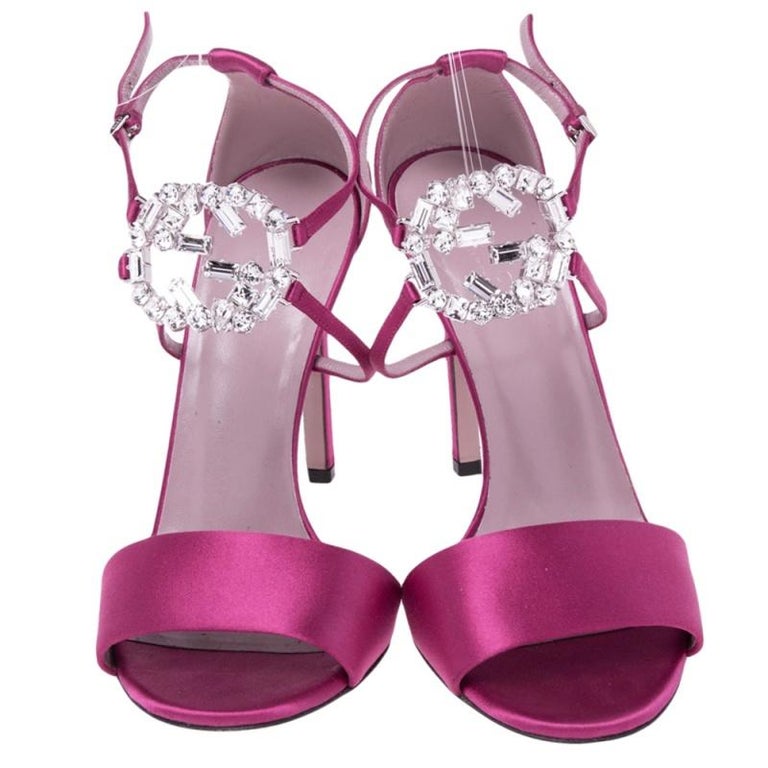 Gucci Pink Satin Crystal Embellished GG Interlocking Ankle Strap ...