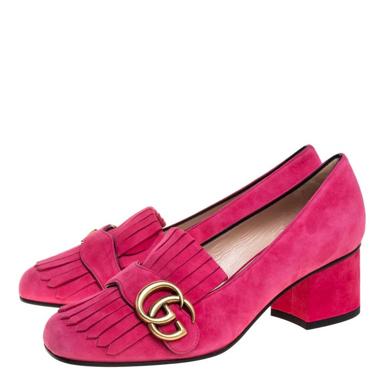 Gucci Pink Suede GG Marmont Fringe Detail Square Toe Block Heel Pumps ...