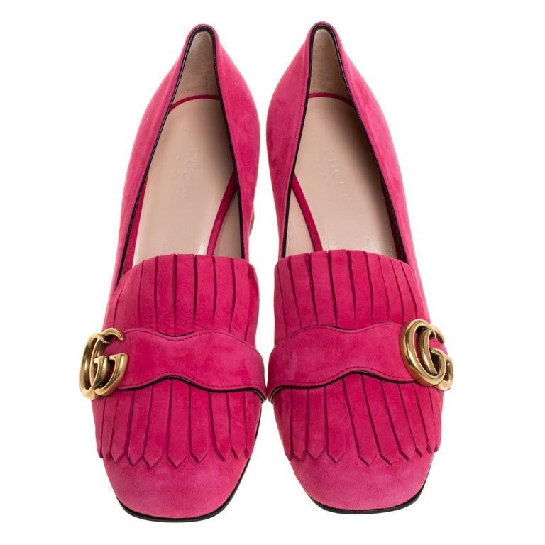 Gucci Pink Suede GG Marmont Fringe Detail Square Toe Block Heel Pumps ...