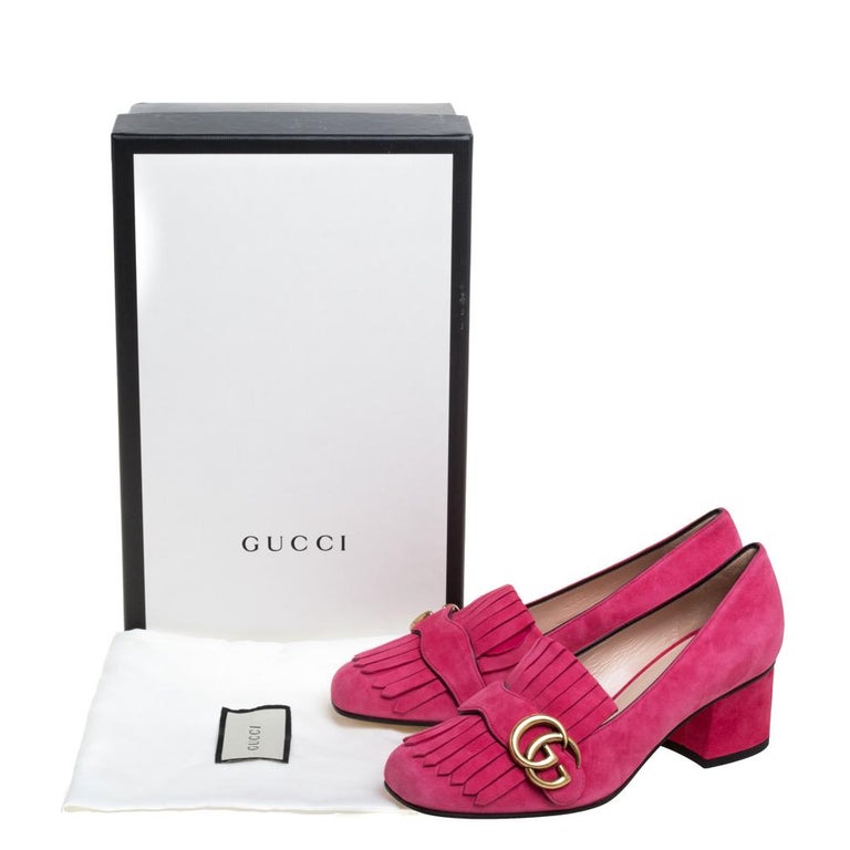 Gucci Pink Suede GG Marmont Fringe Detail Square Toe Block Heel Pumps ...