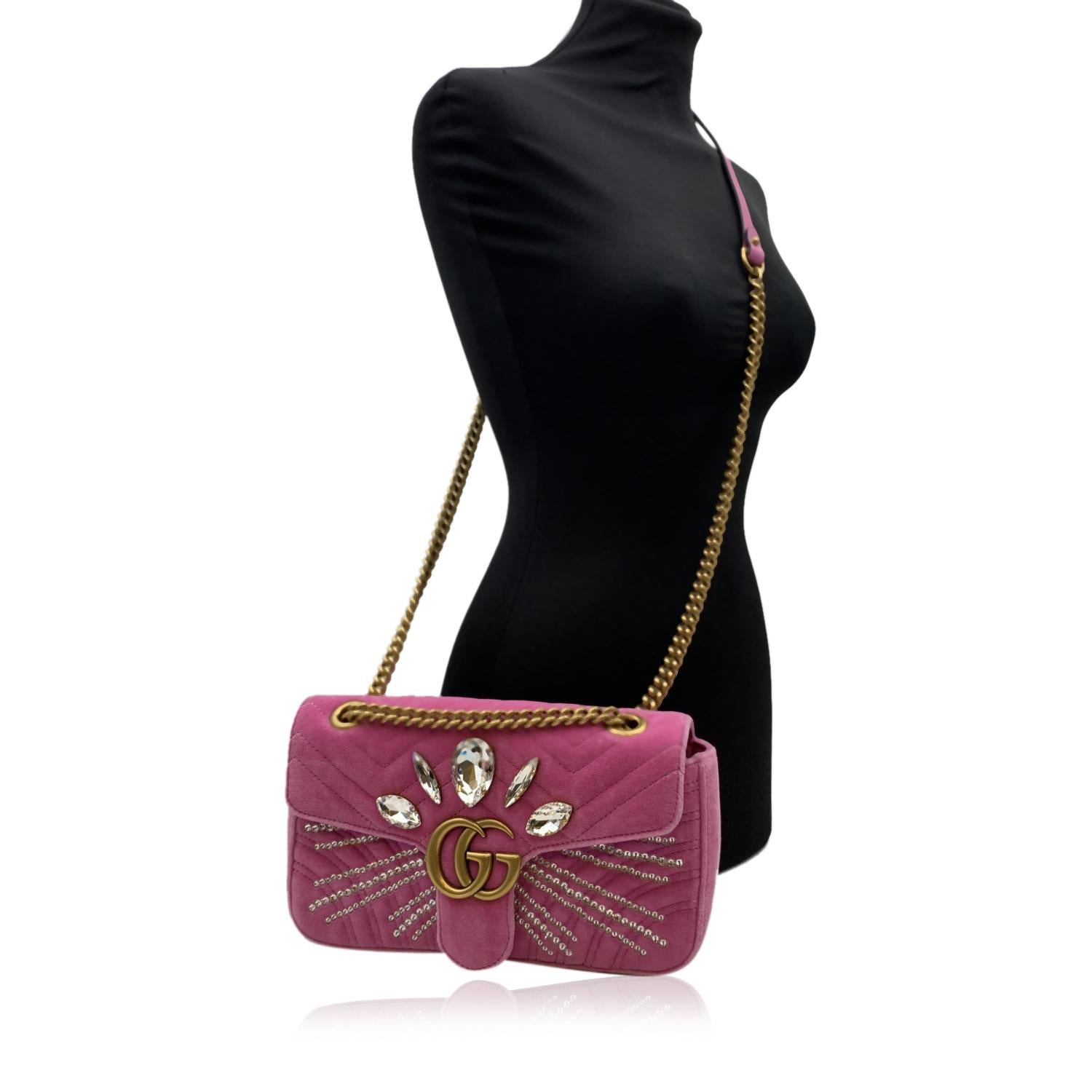 Gucci Pink Velvet Matelassè Marmont Crystal Embellished Shoulder Bag ...