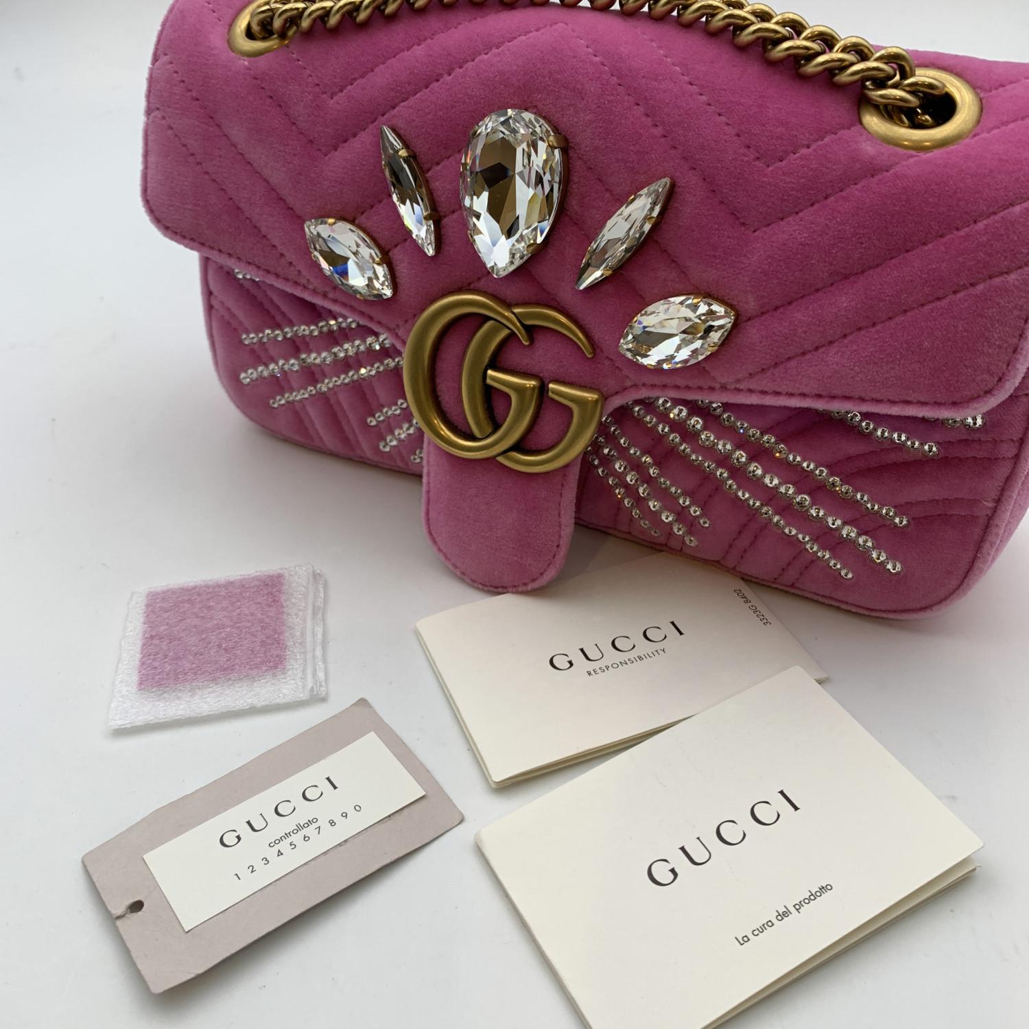 Gucci Pink Velvet Matelassè Marmont Crystal Embellished Shoulder Bag ...
