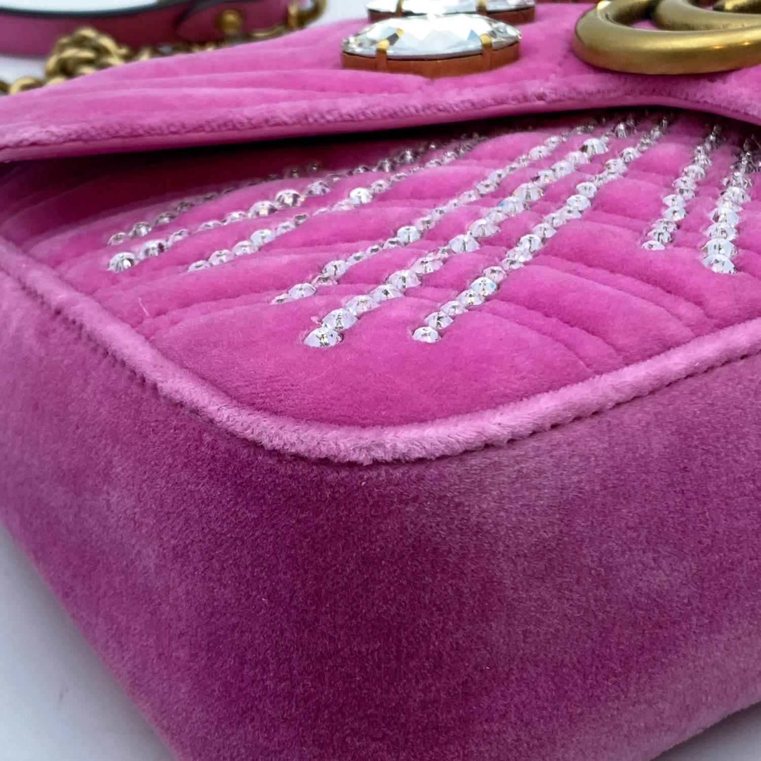 Gucci Pink Velvet Matelassè Marmont Crystal Embellished Shoulder Bag ...