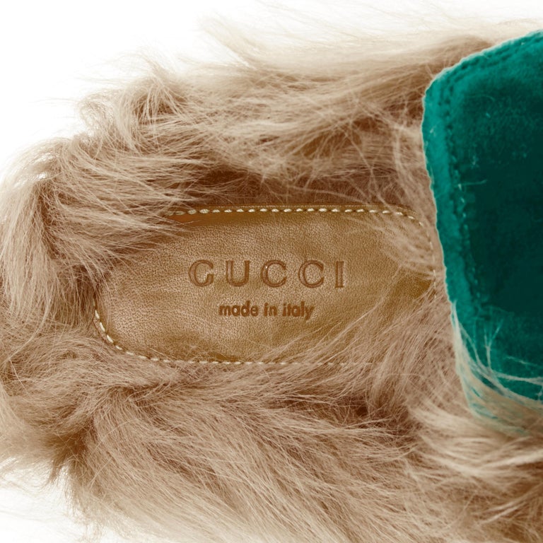 GUCCI Princetown green velvet fur lined gold Horsebit mule loafer EU36 ...