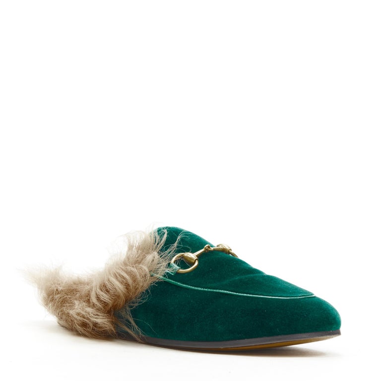 GUCCI Princetown green velvet fur lined gold Horsebit mule loafer EU36 ...