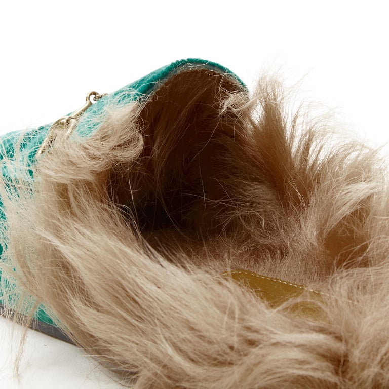 GUCCI Princetown green velvet fur lined gold Horsebit mule loafer EU36 ...