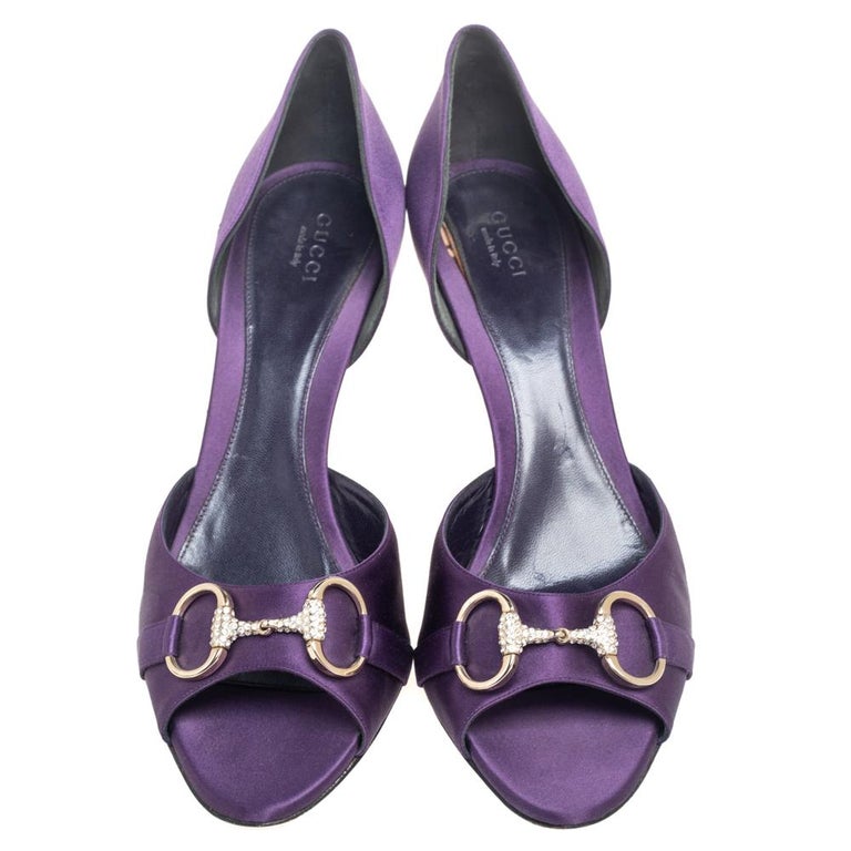 Gucci Purple Satin Horsebit Peep-Toe Sandals Size 41 For Sale at 1stDibs