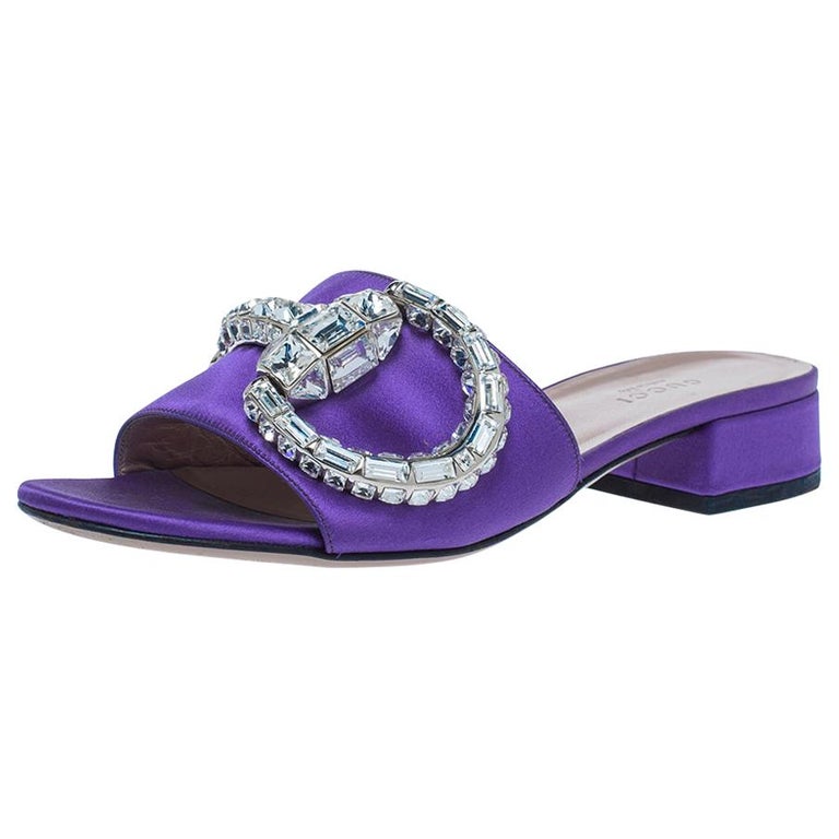 Gucci Purple Satin Maxime Crystal Icon Bit Open Toe Slides Sandals Size ...