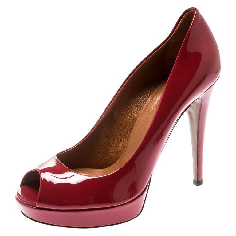 Gucci Raspberry Red Patent Leather Betty Peep Toe Platform Pumps Size ...
