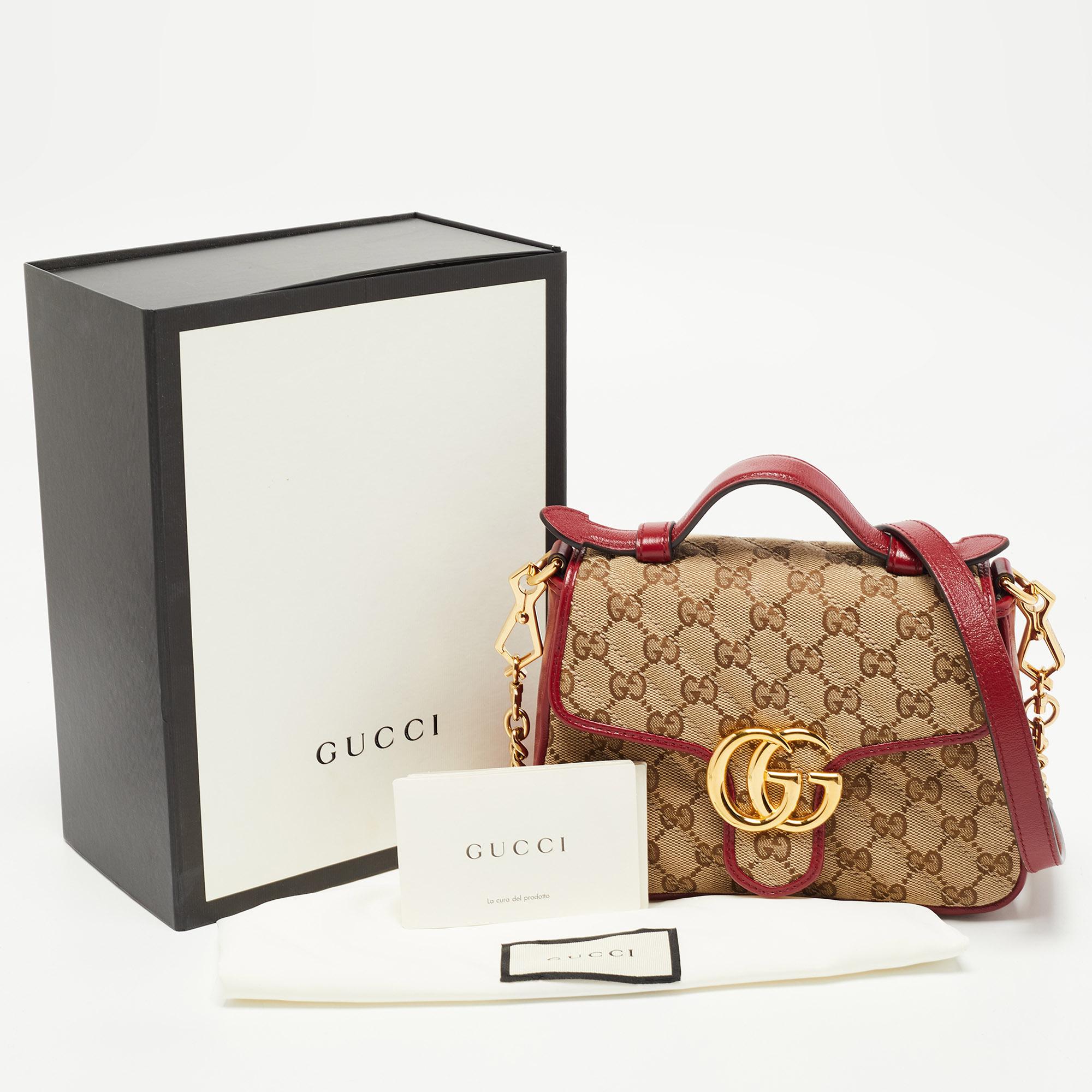Gucci Red/Beige Diagonal Quilt Canvas and Leather Mini GG Marmont Top ...