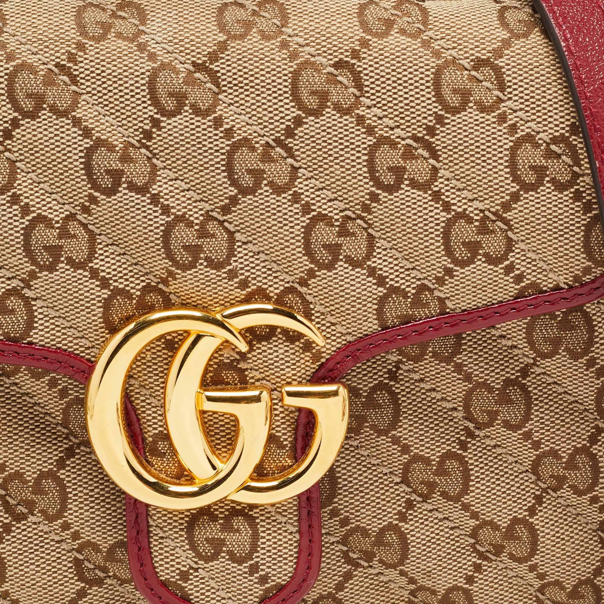 Gucci Red/Beige Diagonal Quilt Canvas and Leather Mini GG Marmont Top ...