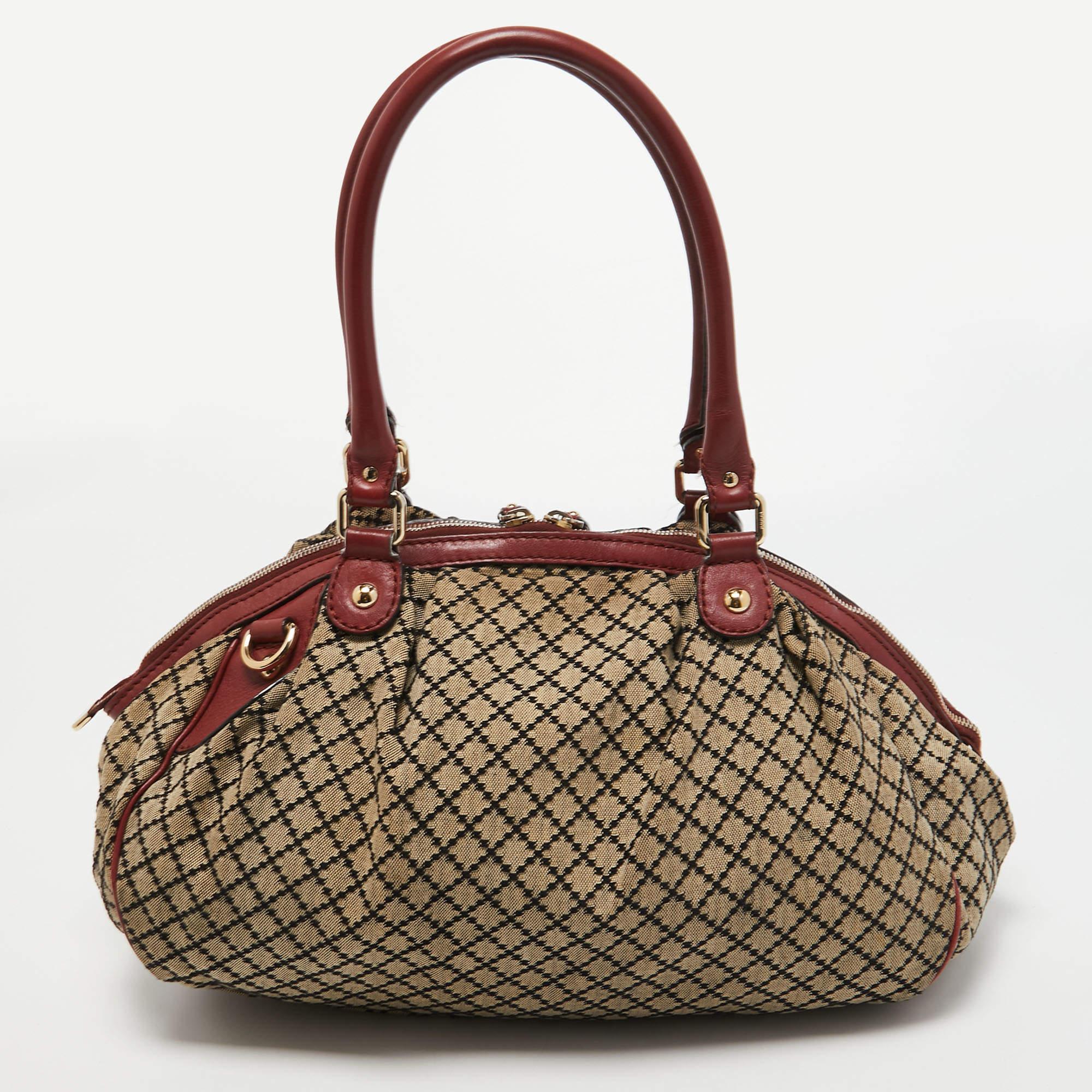 Gucci Red/Beige Diamante Canvas and Leather Medium Sukey Boston Bag For ...