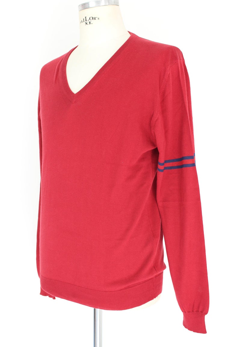 Gucci Red Blue Cotton V Neck Classic Sweater at 1stDibs