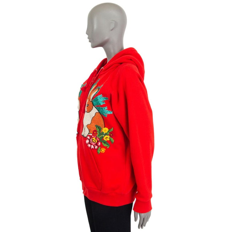 GUCCI red cotton RABBIT EMBROIDERED HOODED ZIP FRONT Cardigan Sweater S ...