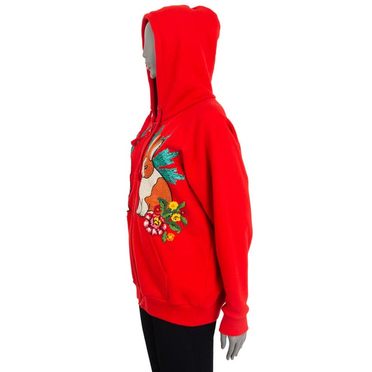 GUCCI red cotton RABBIT EMBROIDERED HOODED ZIP FRONT Cardigan Sweater S ...