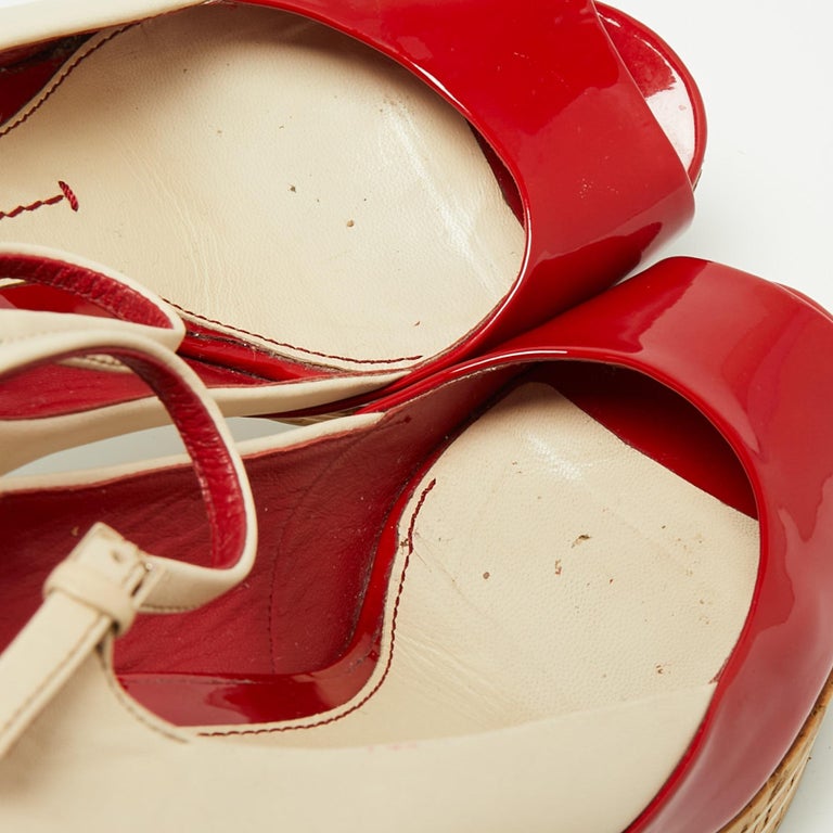 Gucci Red/Cream Patent Leather Colorblock Platform Wedge Peep Toe Pumps ...