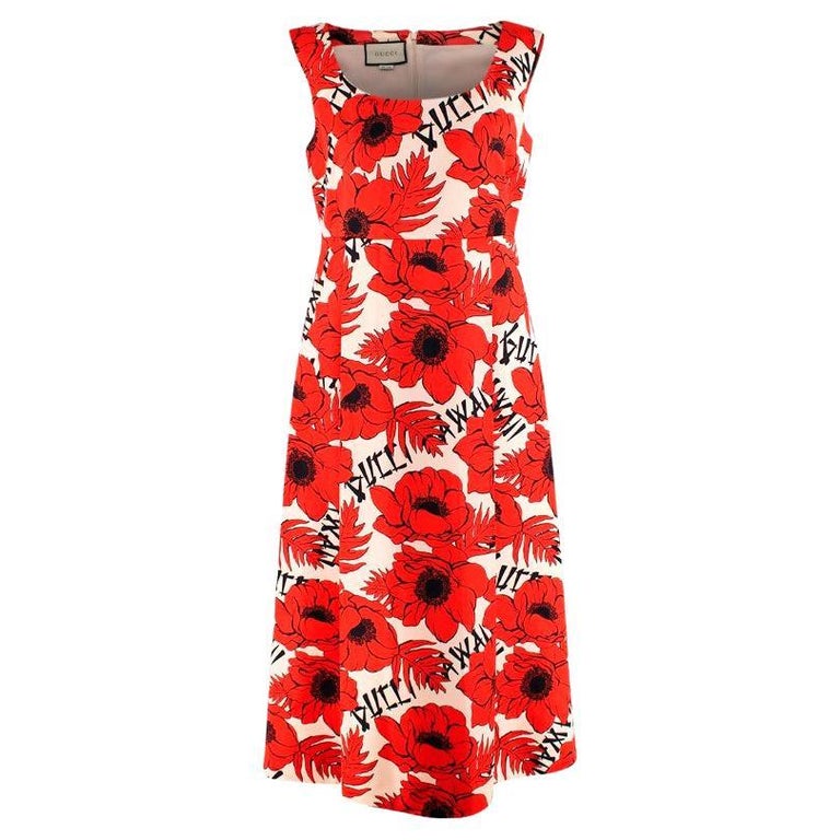 Gucci Red and Cream Poppy Print Silk Dress For Sale at 1stDibs