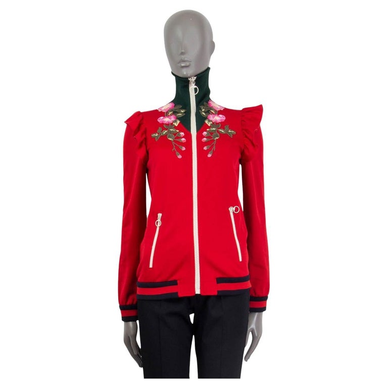 GUCCI red FLORAL APPLIQUE TECH JERSEY TURTLENECK TRACK Jacket S For Sale at 1stDibs