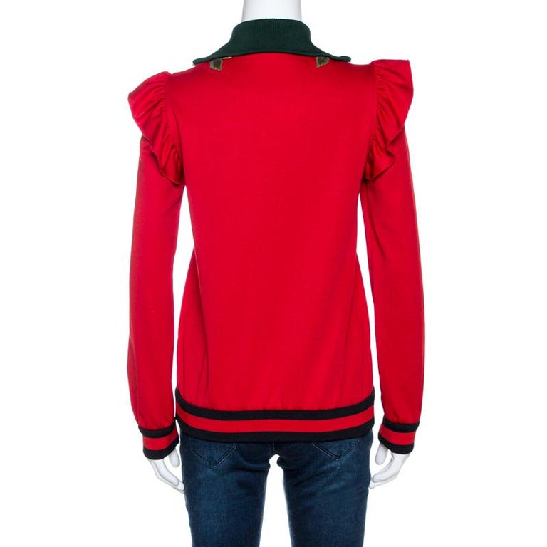Gucci Red Floral Embroidered Ruffled Detail Technical Jacket S at 1stDibs
