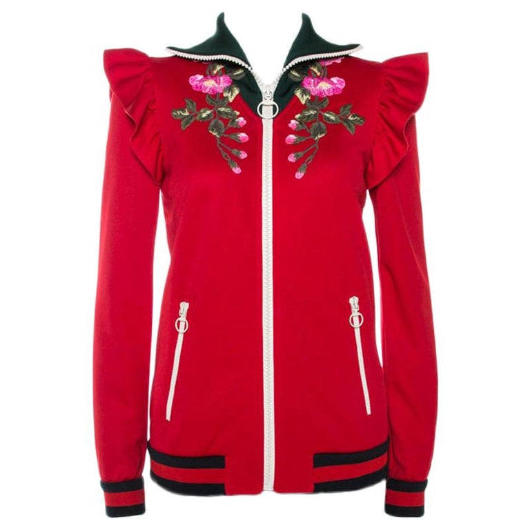 Gucci Red Floral Embroidered Ruffled Detail Technical Jacket S at 1stDibs