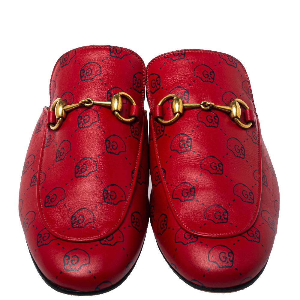 Gucci Red GG Ghost Print Leather Princetown Horsebit Mules Size 41.5 at ...