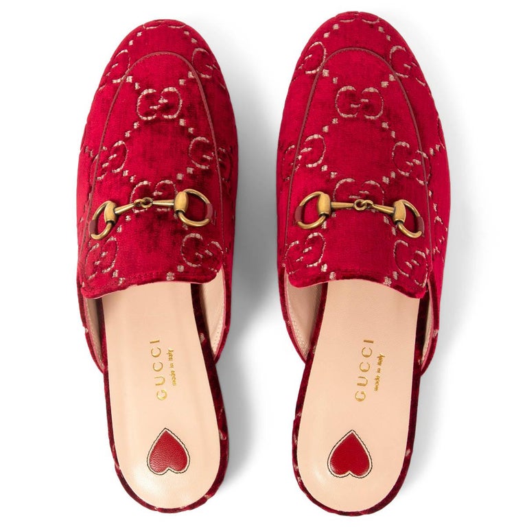 GUCCI red GG VELVET PRINCETOWN Mules Flats Shoes 37 For Sale at 1stDibs