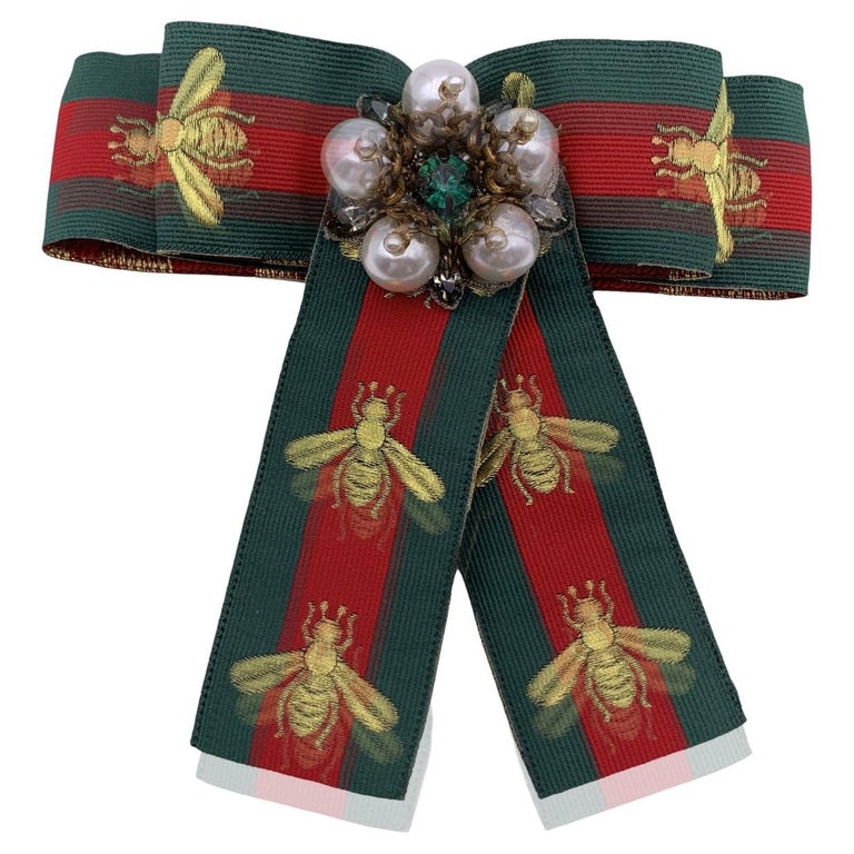 Gucci Red Green Grosgrain Bow Brooch Pin with Pearls and Crystals at ...