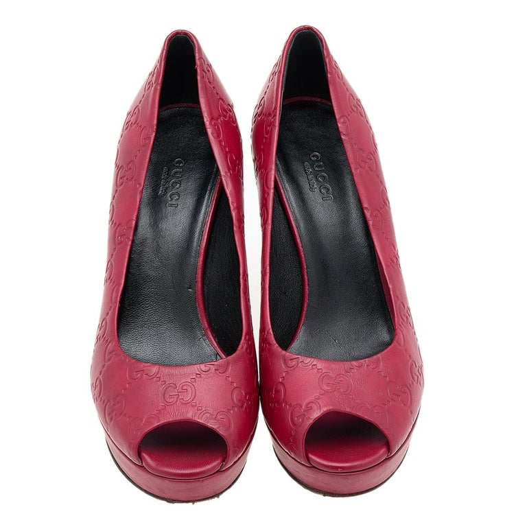 Gucci Red Guccissima Leather Peep Toe Platform Pumps Size 37.5 For Sale ...