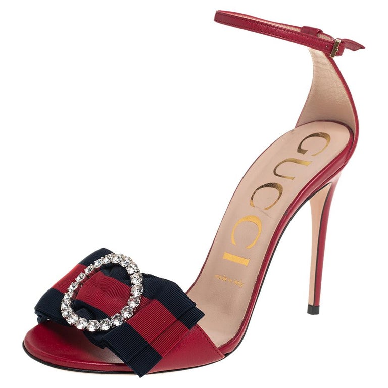 Gucci Red Leather Charlotte Web Crystal Ankle Strap Sandals Size 37.5 ...