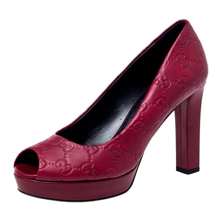 Gucci Red Leather GG Guccissima Peep Toe Platform Pumps Size 36.5 For ...