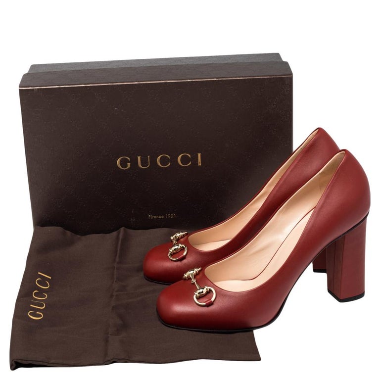 Gucci Red Leather Horsebit Block Heel Pumps Size 39 at 1stDibs
