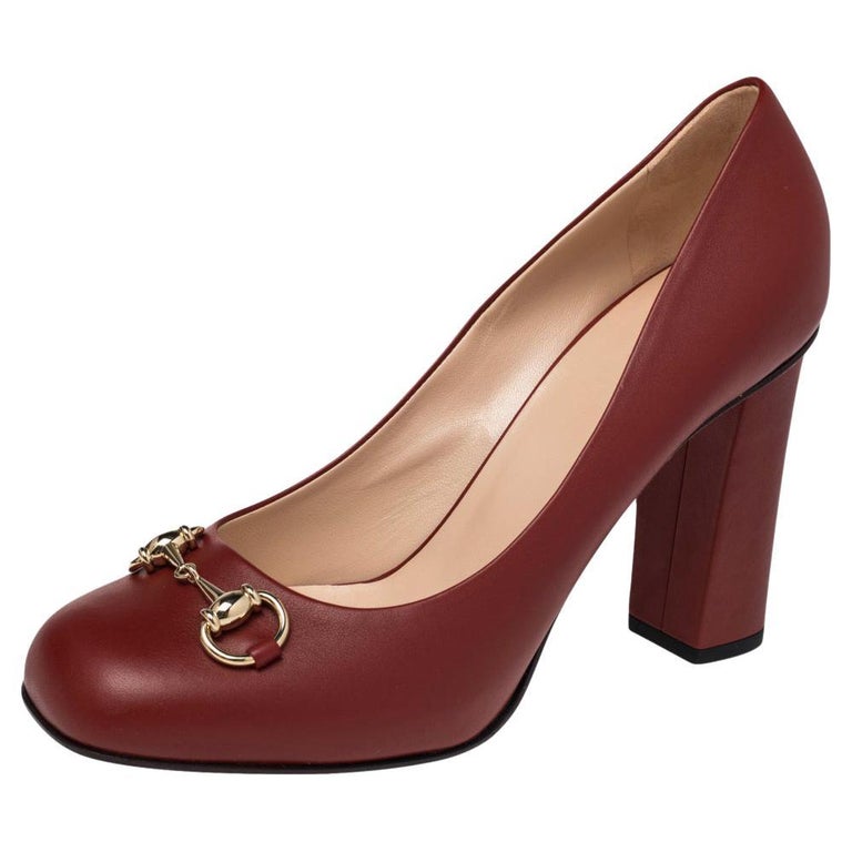 Gucci Red Leather Horsebit Block Heel Pumps Size 39 at 1stDibs