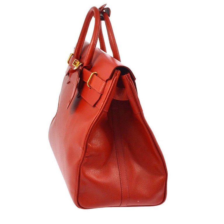 Gucci Red Leather Large Carryall Birkin Style Travel Weekender Top ...