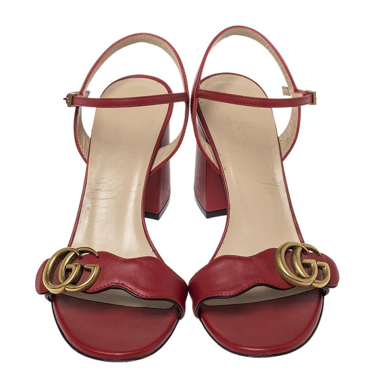 Gucci Red Leather Marmont Block Heel Ankle Strap Sandals Size 38 at 1stDibs