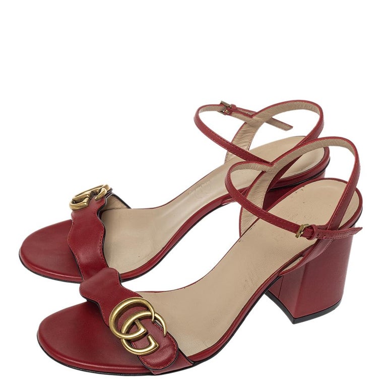Gucci Red Leather Marmont Block Heel Ankle Strap Sandals Size 38 at 1stDibs