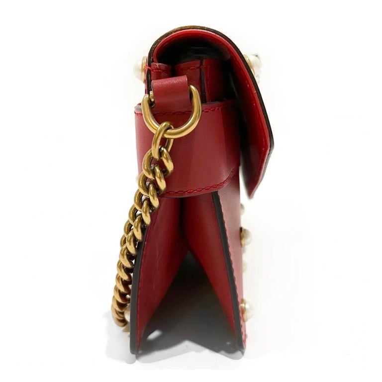 Gucci Red Leather Pearl Studded Mini Broadway Bee Envelope Bag For Sale ...