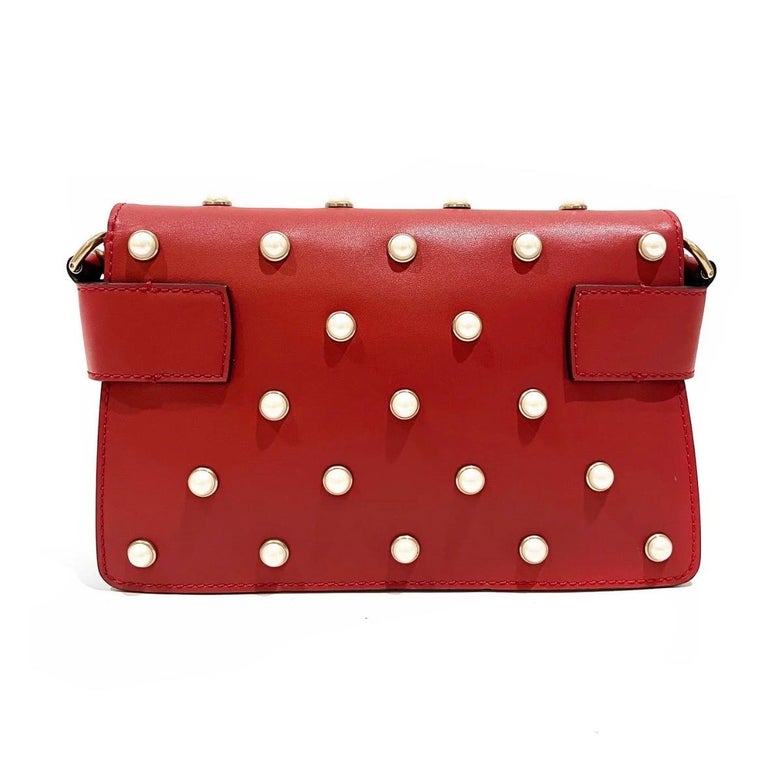 Gucci Red Leather Pearl Studded Mini Broadway Bee Envelope Bag For Sale ...