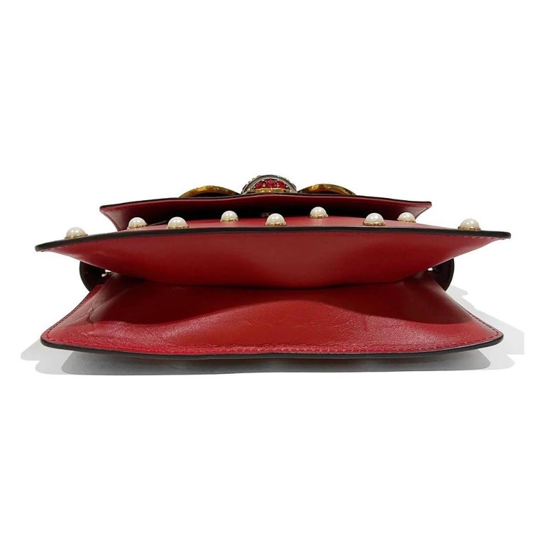 Gucci Red Leather Pearl Studded Mini Broadway Bee Envelope Bag For Sale ...