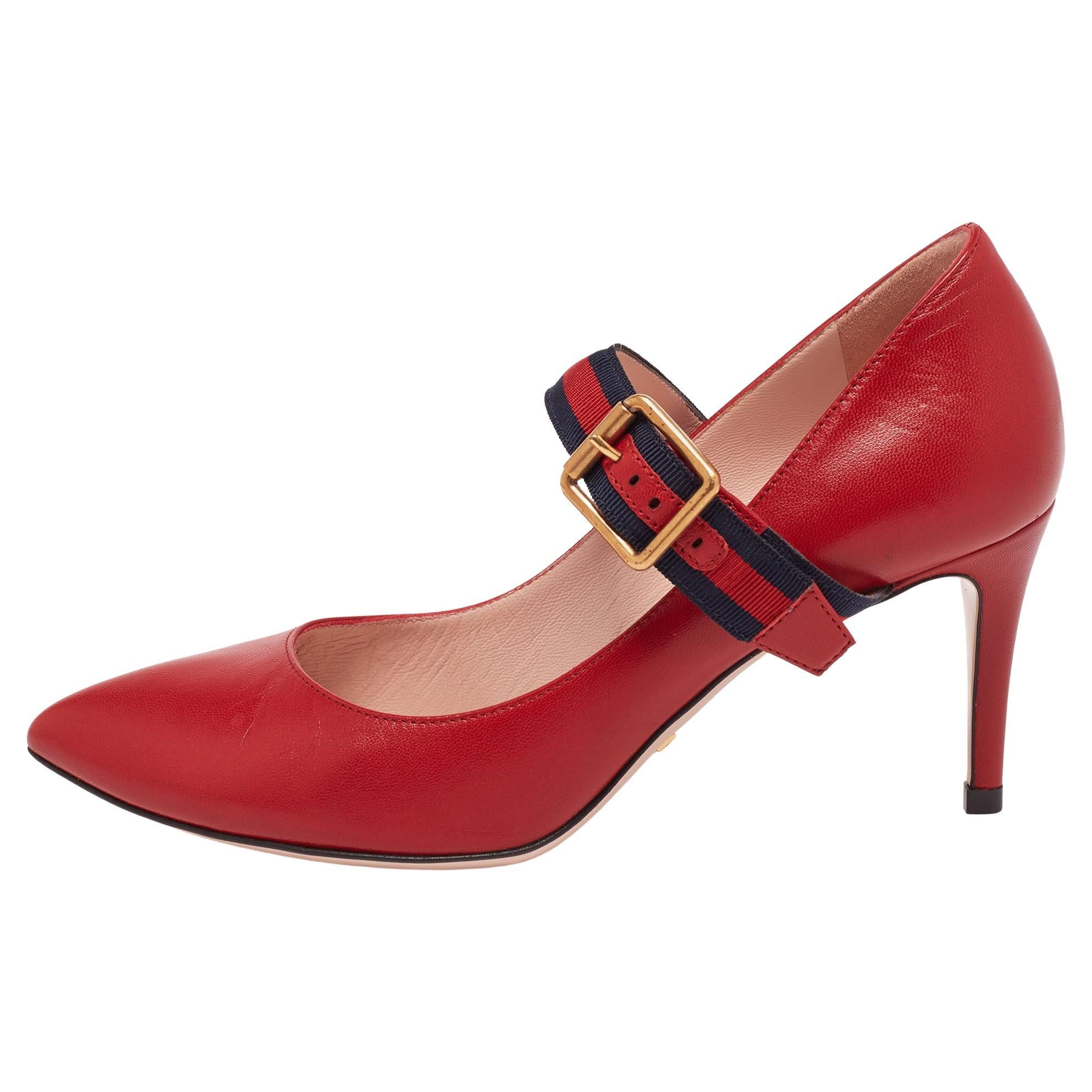 Gucci Red Leather Unia Mary Jane Pumps Size 36 at 1stDibs