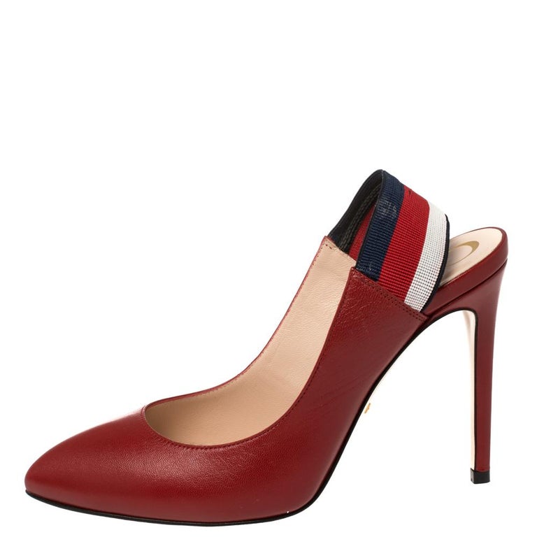 Gucci Red Leather Web Detail Sylvie Slingback Sandals Size 37.5 at 1stDibs