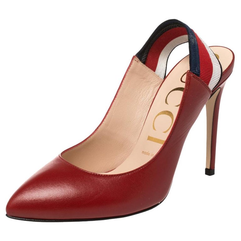 Gucci Red Leather Web Detail Sylvie Slingback Sandals Size 37.5 at 1stDibs
