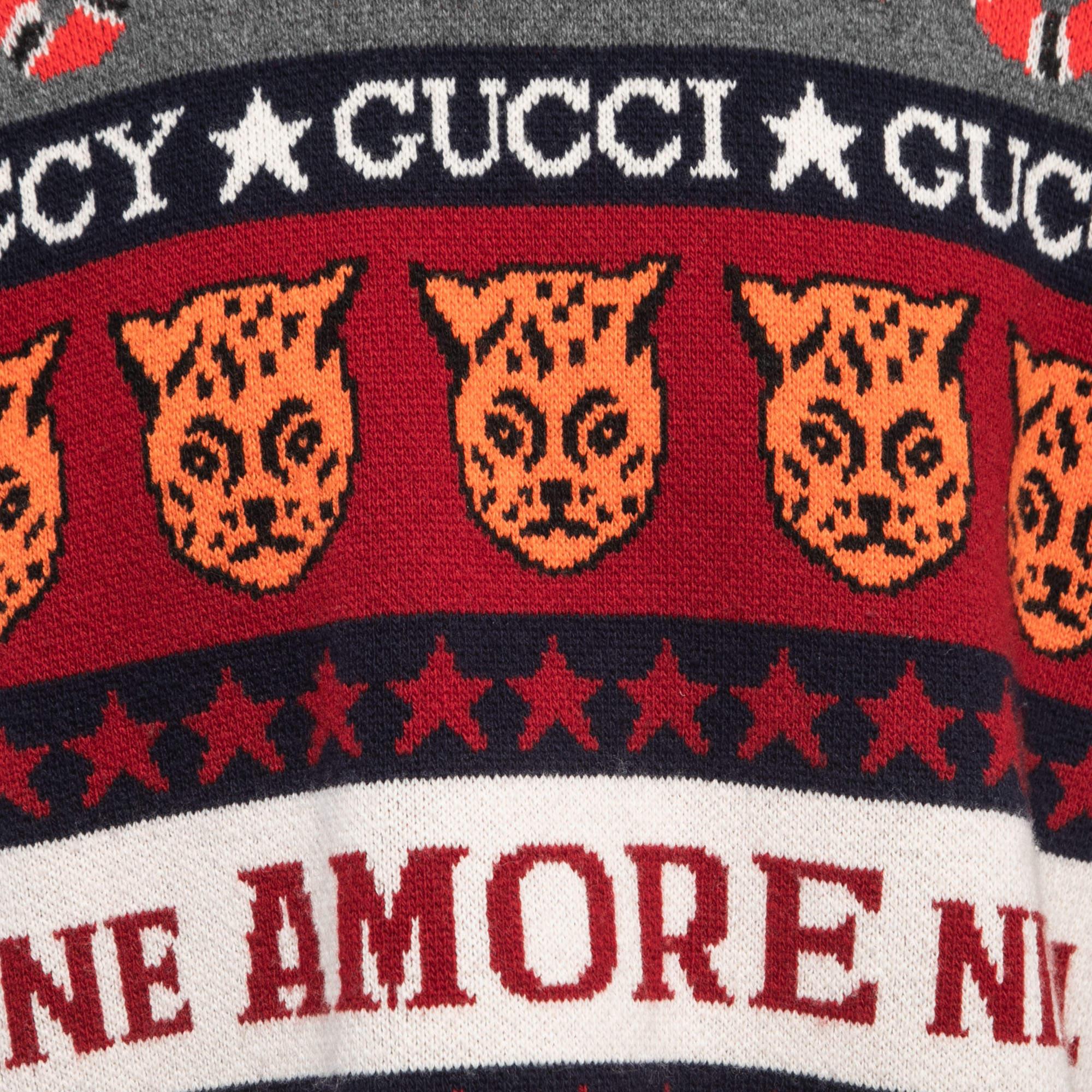 Gucci Red Logo Intarsia Knit Crewneck Sweater XXL For Sale at 1stDibs